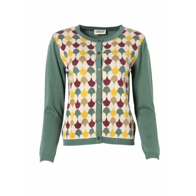cardigan Helmet en coton bio motifs sur vert foncé de chez Circus